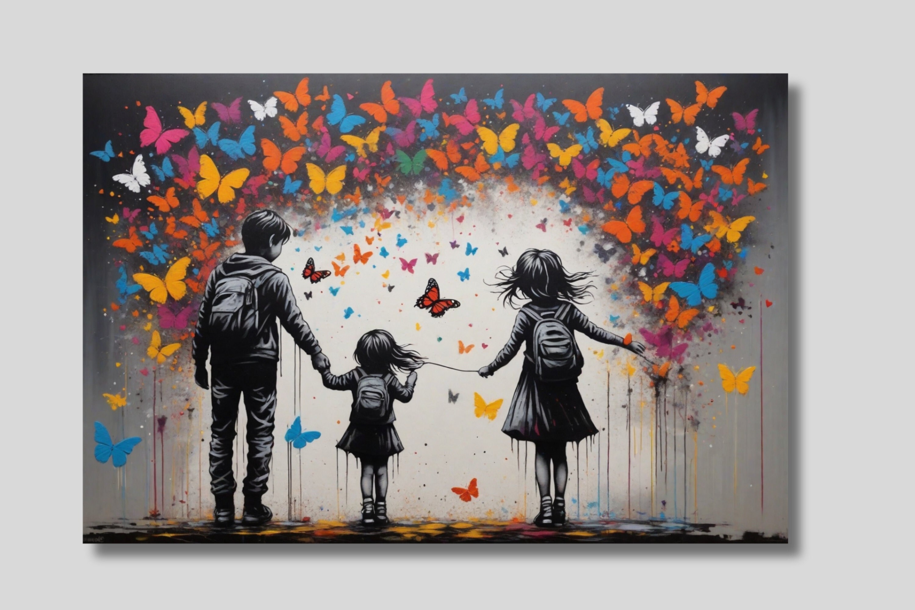 Banksy Two Sisters and a Brother With Colorful Butterflies Canvas ...