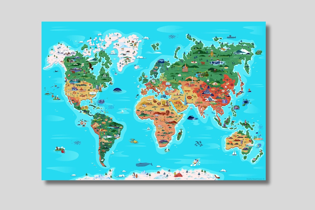 Illustrated World Map Canvas Poster, Cool Map Poster Art, Homeschooling ...