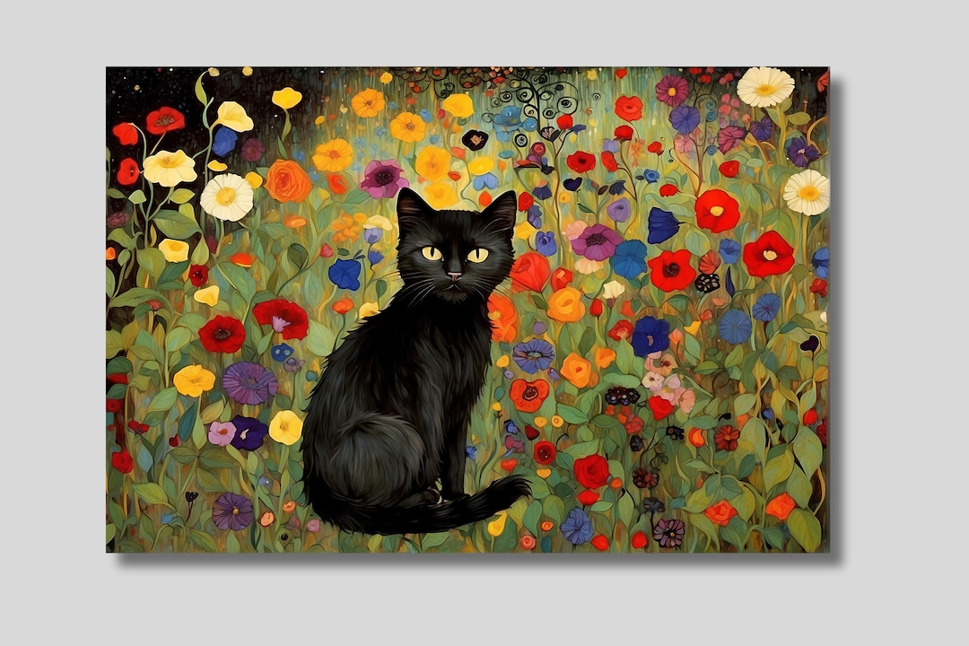 Gustav Klimt Inspired Black Cat Canvas, Black Cat in A Garden Wall Art Print, Gustav Klimt ...