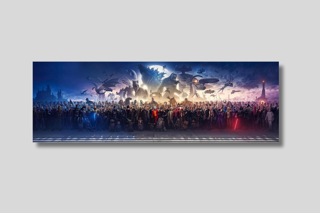 150 Movie Blockbuster Characters Panorama Canvas Print: Superheroes ...