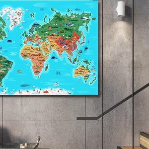 Illustrated World Map Canvas Poster, Cool Map Poster Art, Homeschooling ...