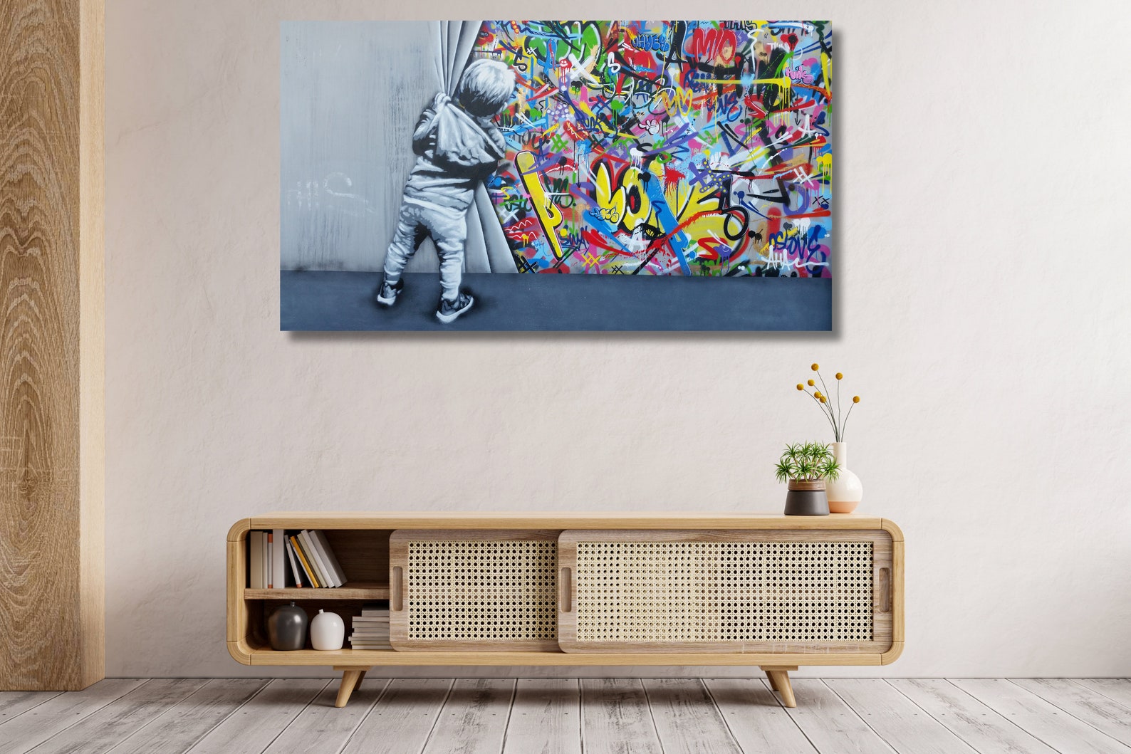 Banksy Child Stage Canvas, Child Pulling Back Curtain Canvas, Banksy ...