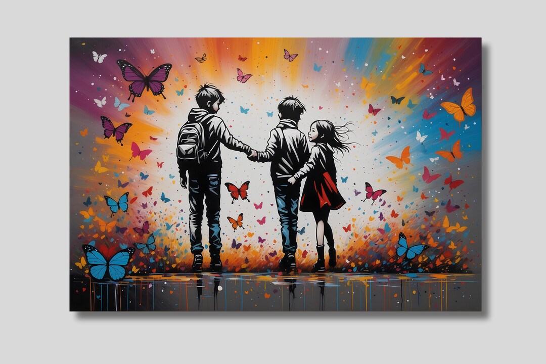 Banksy Two Brothers and a Sister With Butterflies Canvas Print: Kids ...