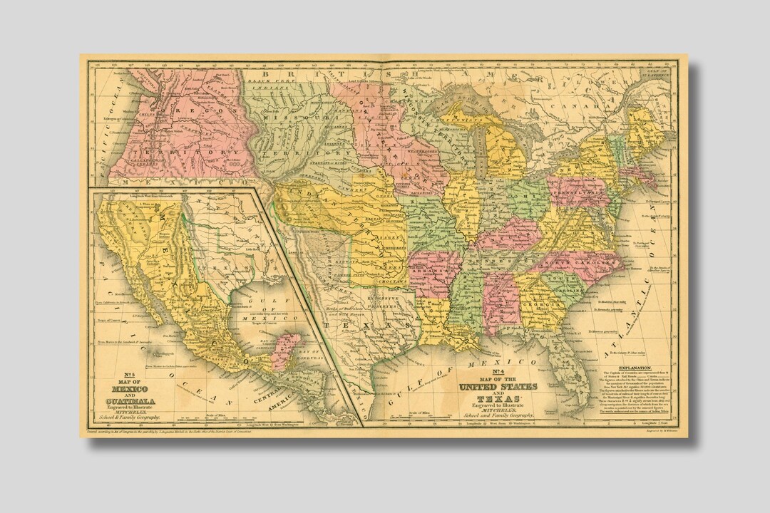 Vintage Map of United States of America Canvas Wall Art, US and Texas ...