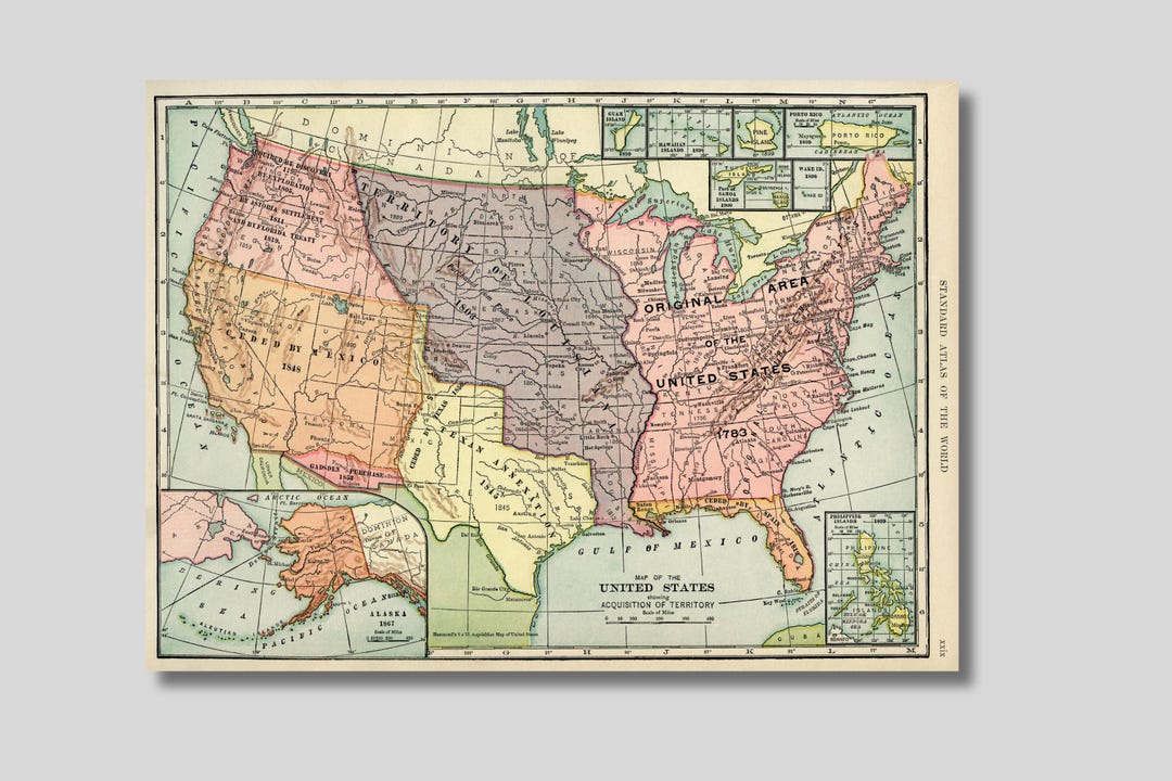 Vintage Map of United States of America Canvas Wall Art, XIX. Century ...