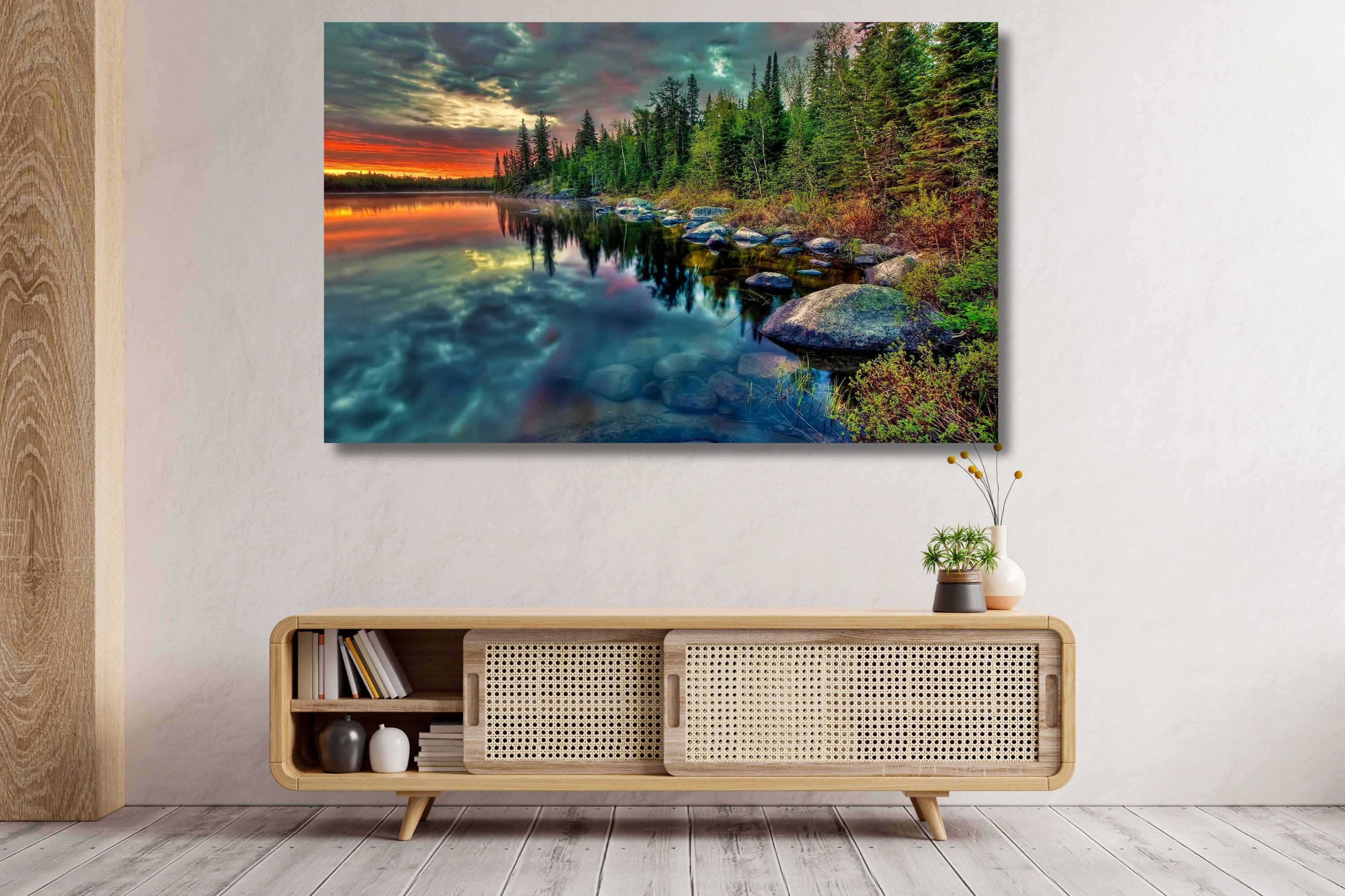 Landscape Poster, Lake Surrounded by Forest on Sunset Canvas Wall Art ...