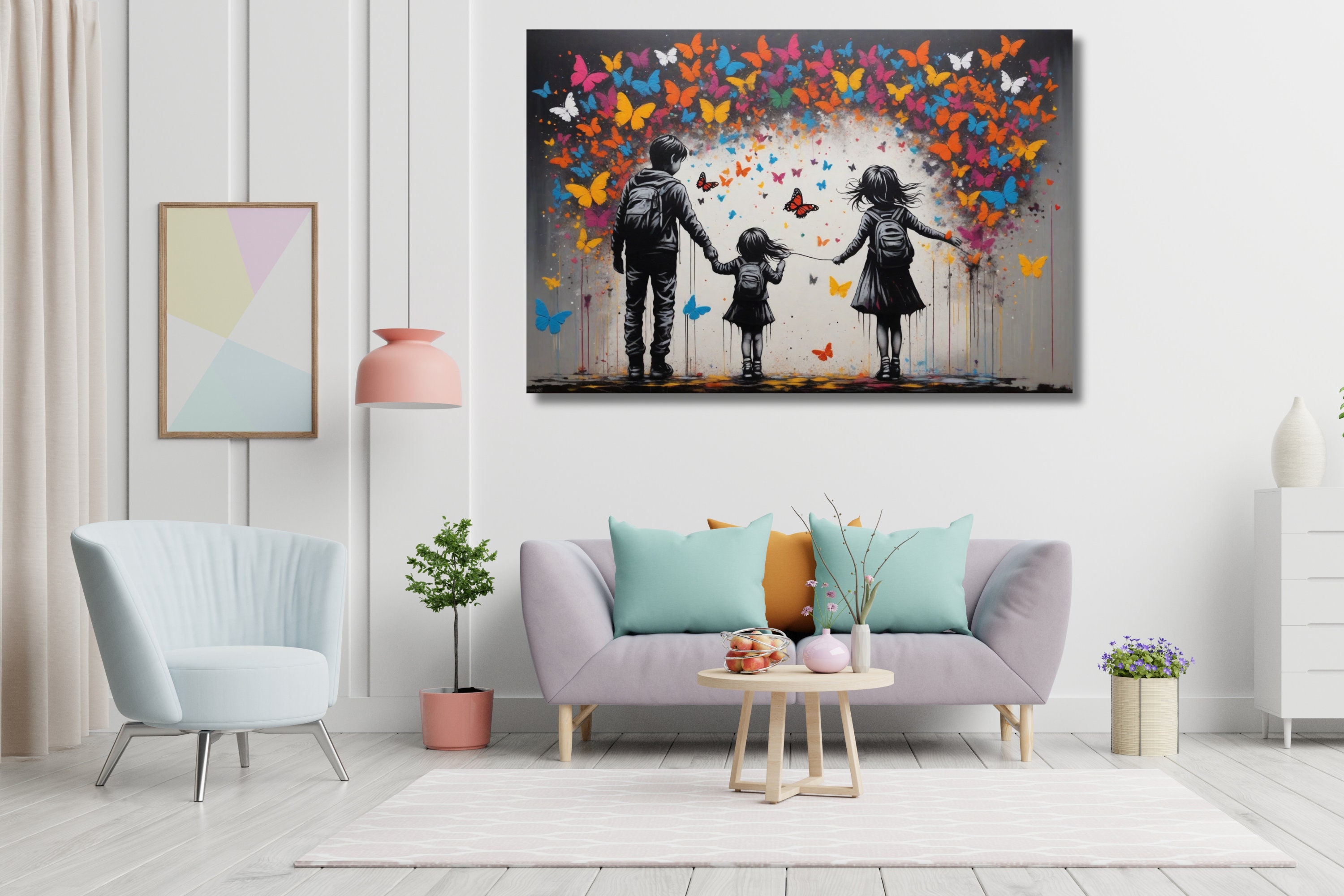 Banksy Two Sisters and a Brother With Colorful Butterflies Canvas ...