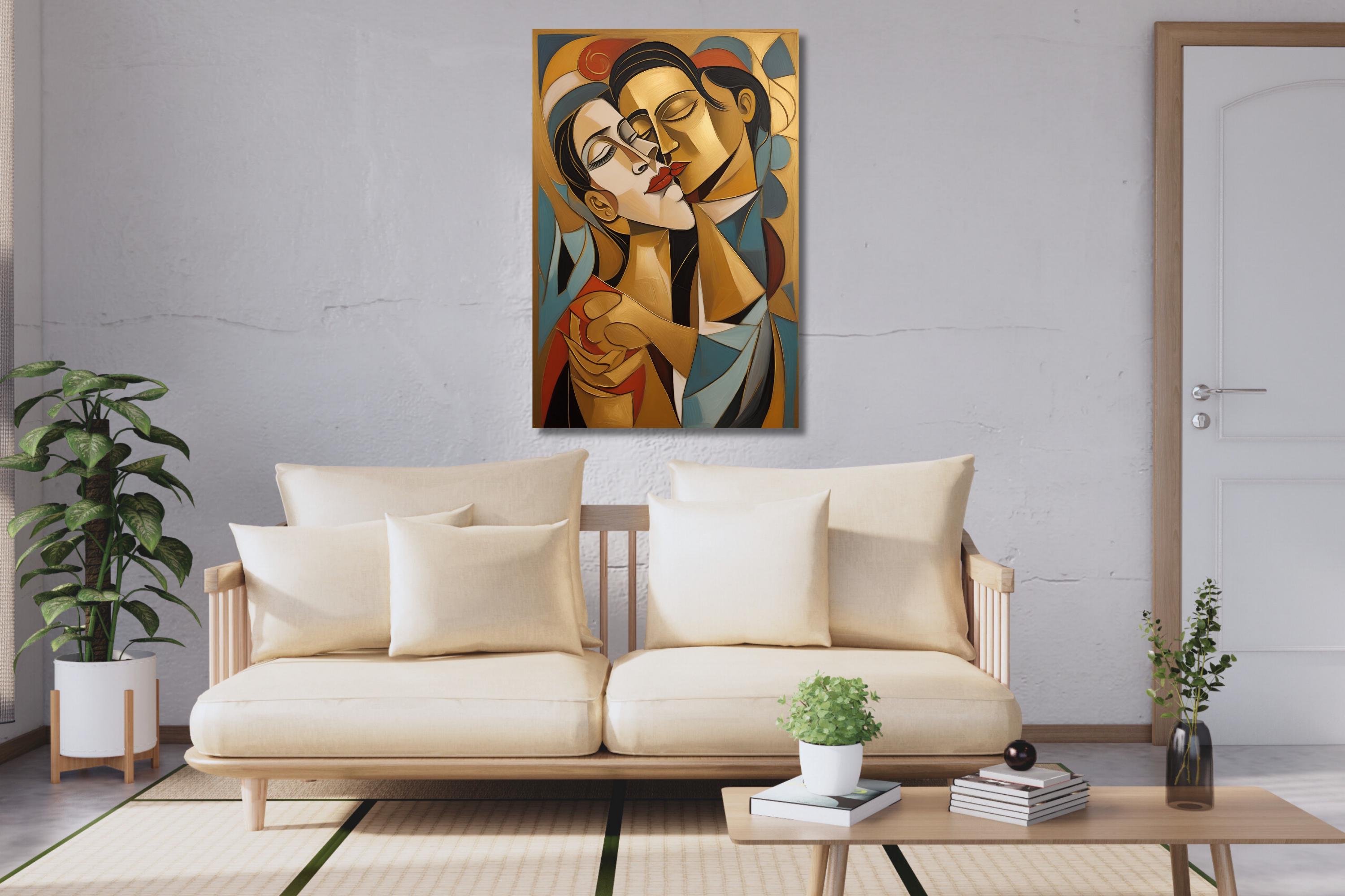 Picasso Style Couple Canvas Art: Cubist Golden Embrace Print, Modern ...