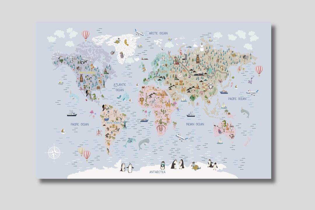 Educational World Map Canvas Poster, Animals World Map, Nursery Wall ...