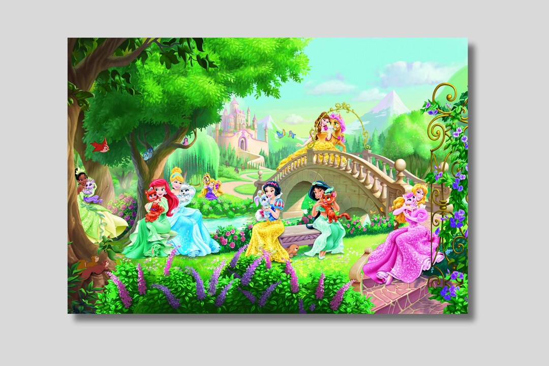 Princesses Canvas Poster, Princesses With Cute Animals Print, Girl Room ...