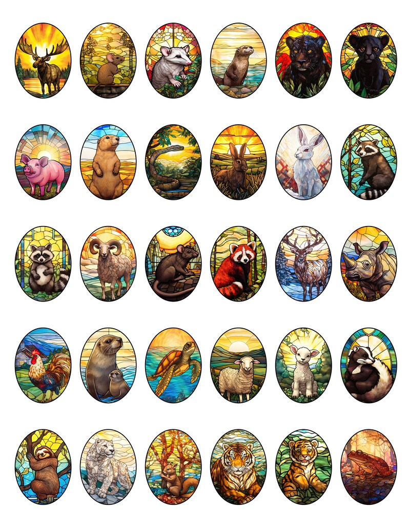 Stained Glass Animals Collage Sheet Instant Digital Download 30x40 Mm Ovals Cabochon Jewelry ...