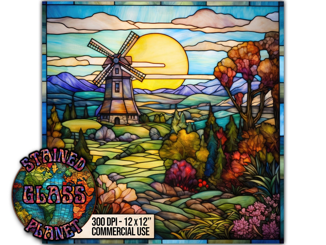 Stained Glass Windmill Landscape Digital Download Great - Etsy