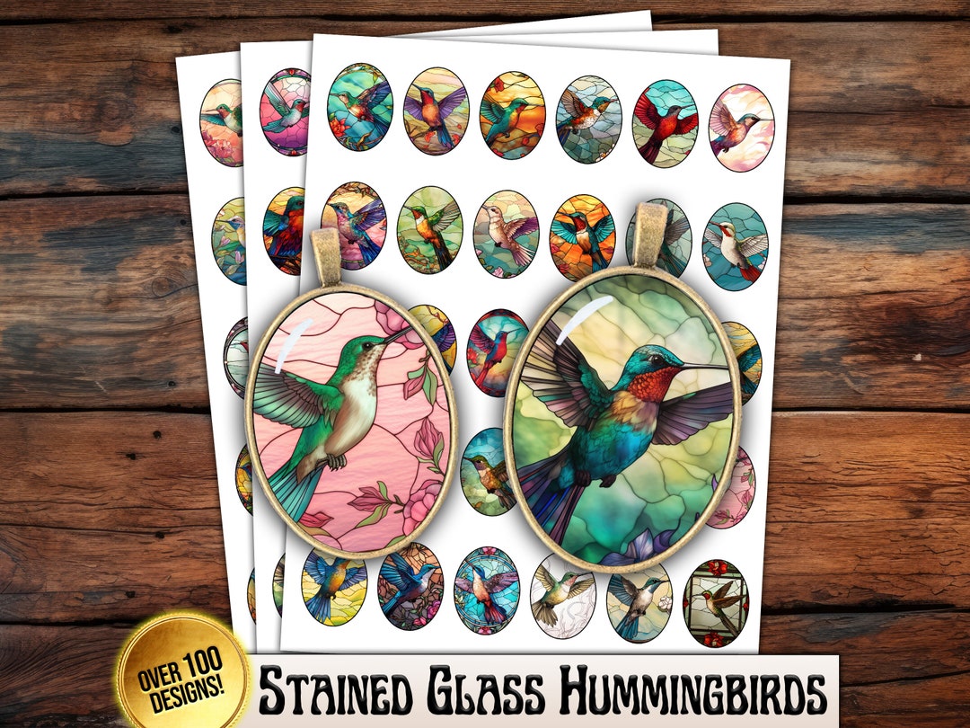 Stained Glass Hummingbirds Collage Sheet Instant Digital Download 30x40 Mm Ovals Cabochon ...