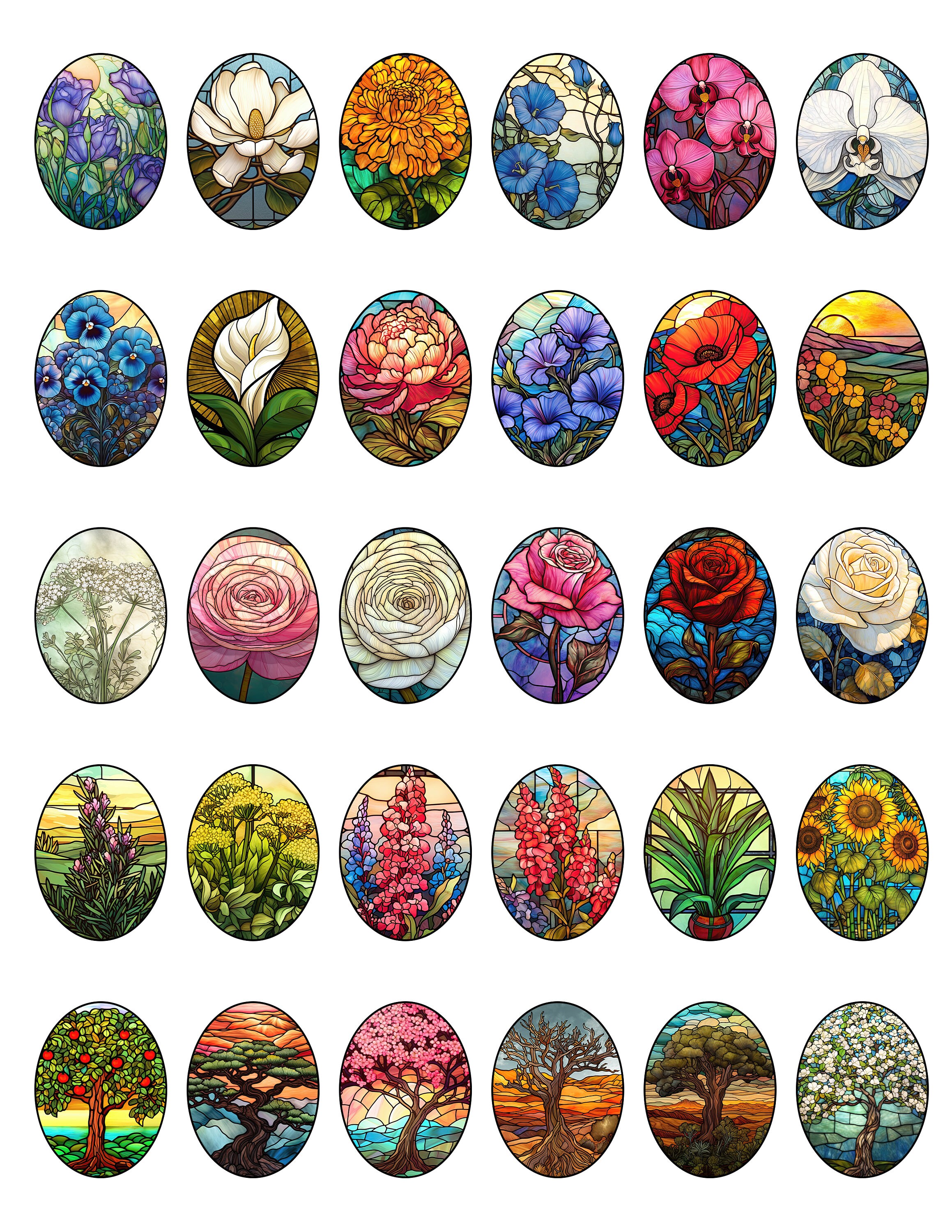 Stained Glass Flowers Collage Sheet Instant Digital Download 30x40 Mm Ovals Cabochon Jewelry ...