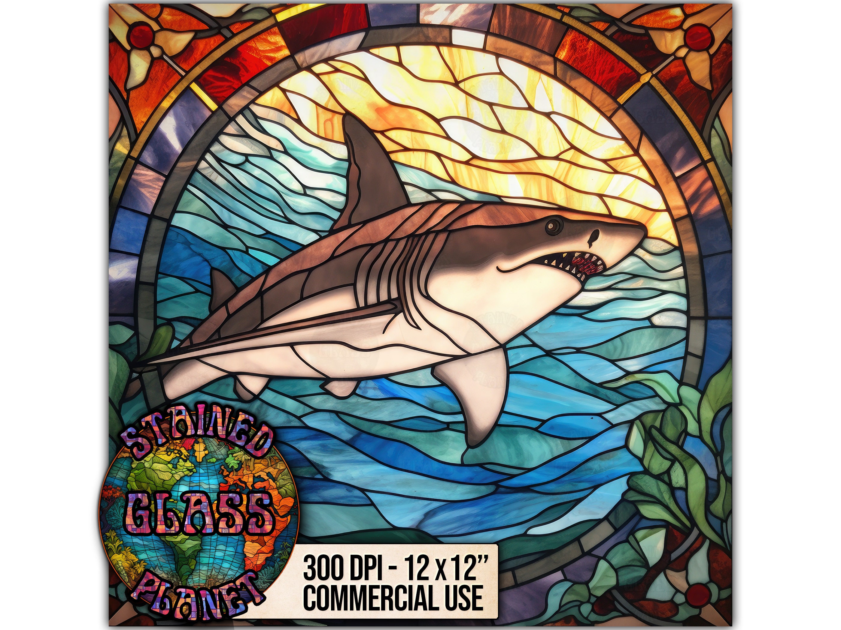 Great White Shark Stained Glass Digital Paper Stained Glass - Etsy