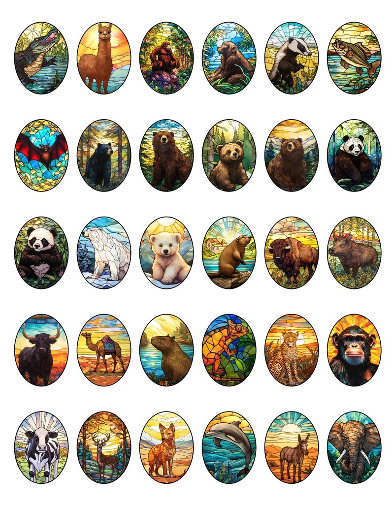 Stained Glass Animals Collage Sheet Instant Digital Download 30x40 Mm Ovals Cabochon Jewelry ...