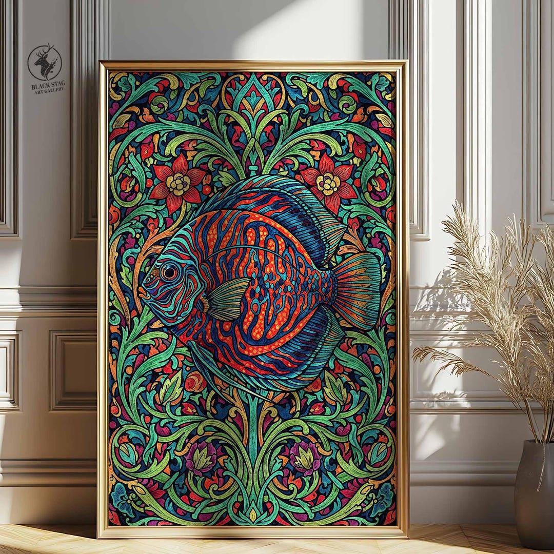 Vibrant Discus Fish Art Print, William Morris Inspired Floral Wall ...
