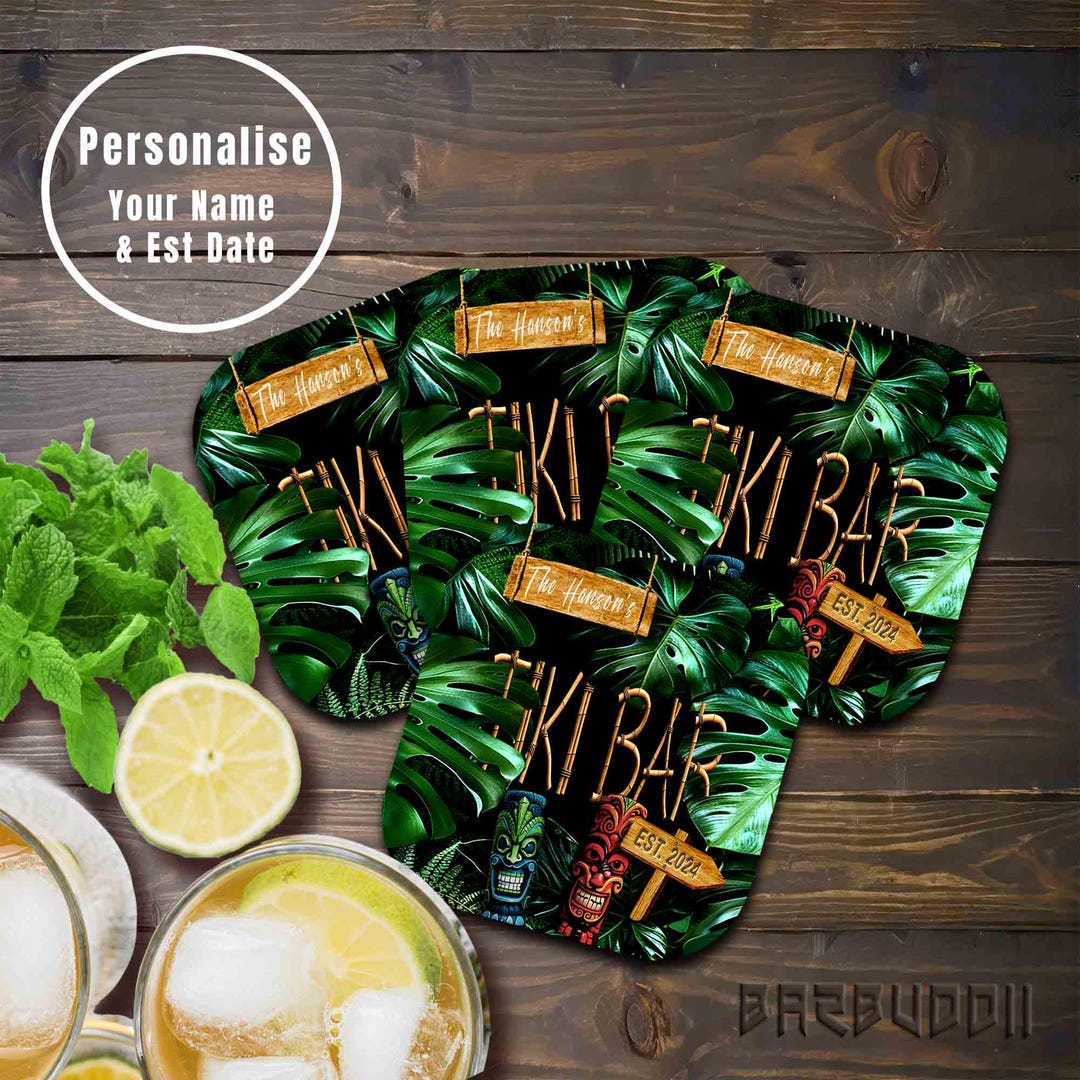 Personalised Tiki Bar Coaster Set Custom South Pacific Island Inspired ...