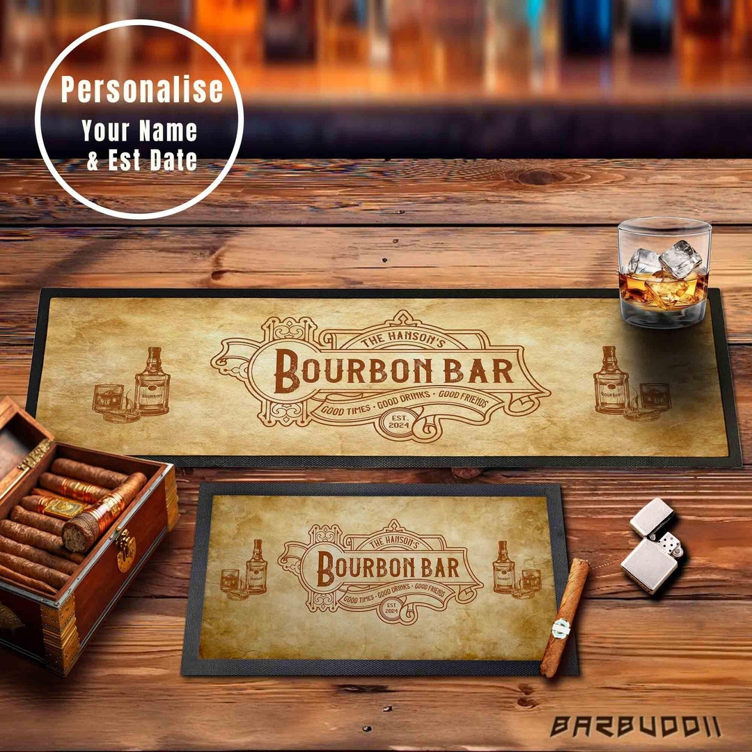 Personalised Bourbon Bar Runner, Custom Rustic Home Bar Mat, Unique ...