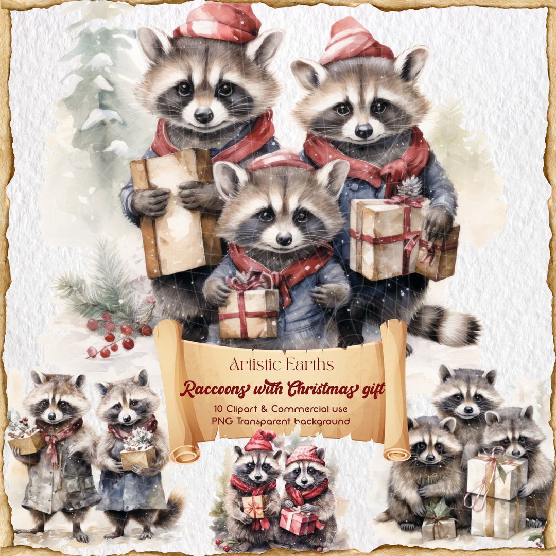 Christmas Raccoon Clipart, Raccoon PNG, Watercolor Raccoon, Raccoon ...