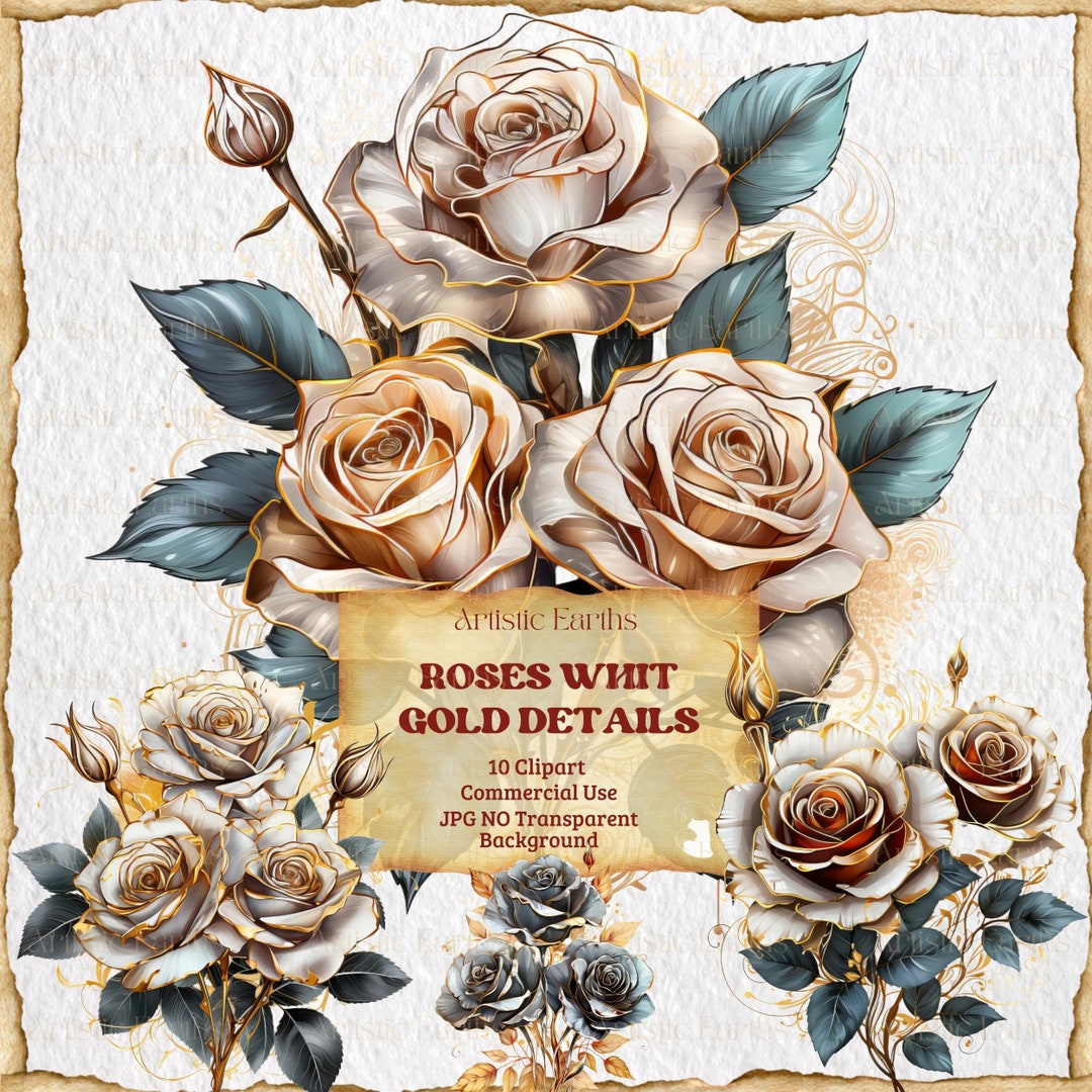 Gold Roses Clipart, Mystical Clipart, White Rose Clipart, Spring ...