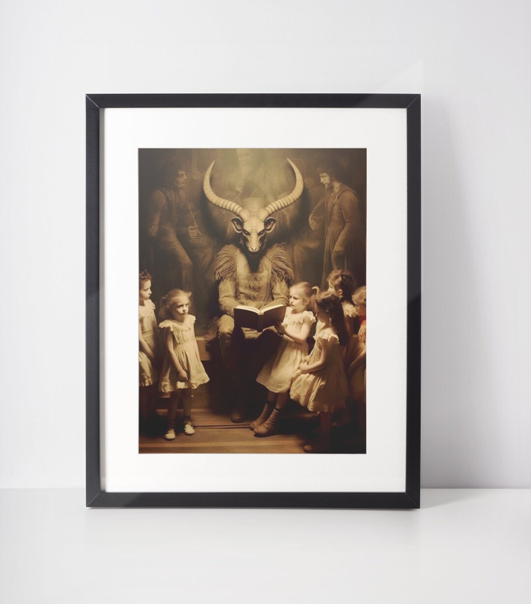 Baphomet in Library Satin Poster: Satanic Game Room Wall Decor (framed ...