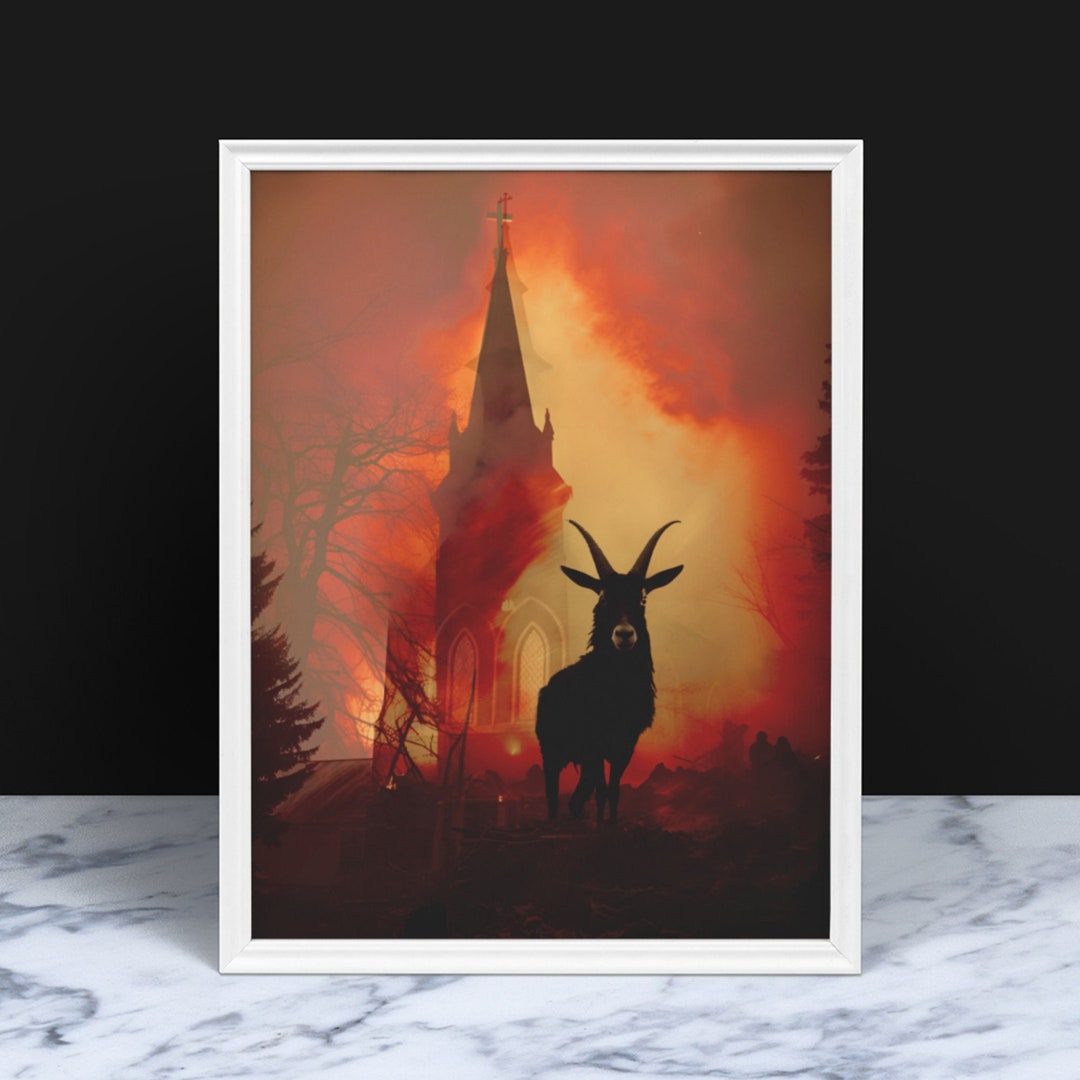 Satanic Art Pagan Wall Decor, Burning Church, Black Phillip, Occult ...