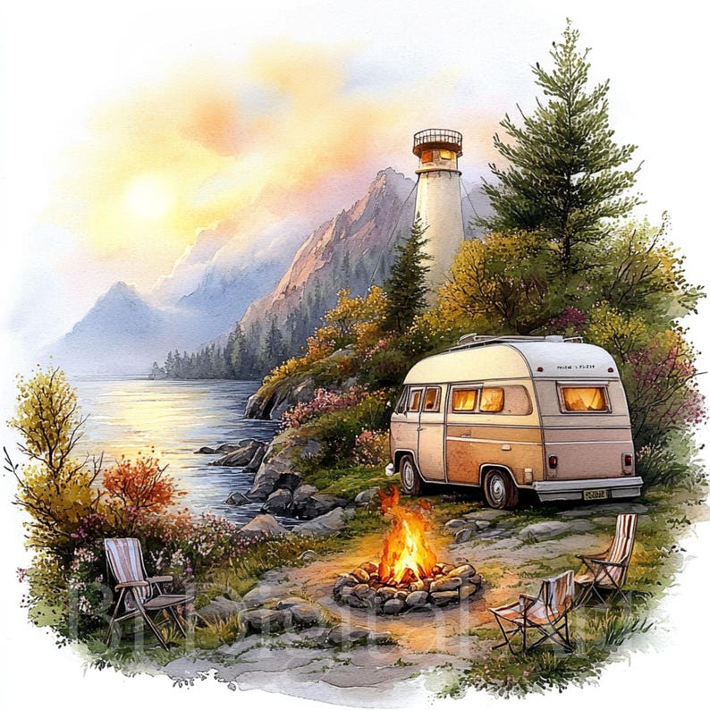 10 Watercolor Camping Clipart Set, Travel Trailer Graphics, Nature and ...