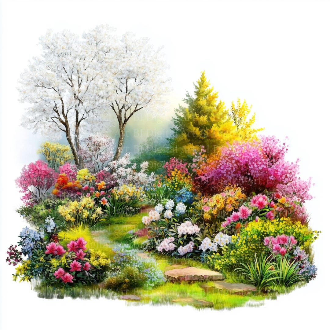 12 Flower Garden Cliparts, Spring Garden Watercolor Landscape, Garden ...