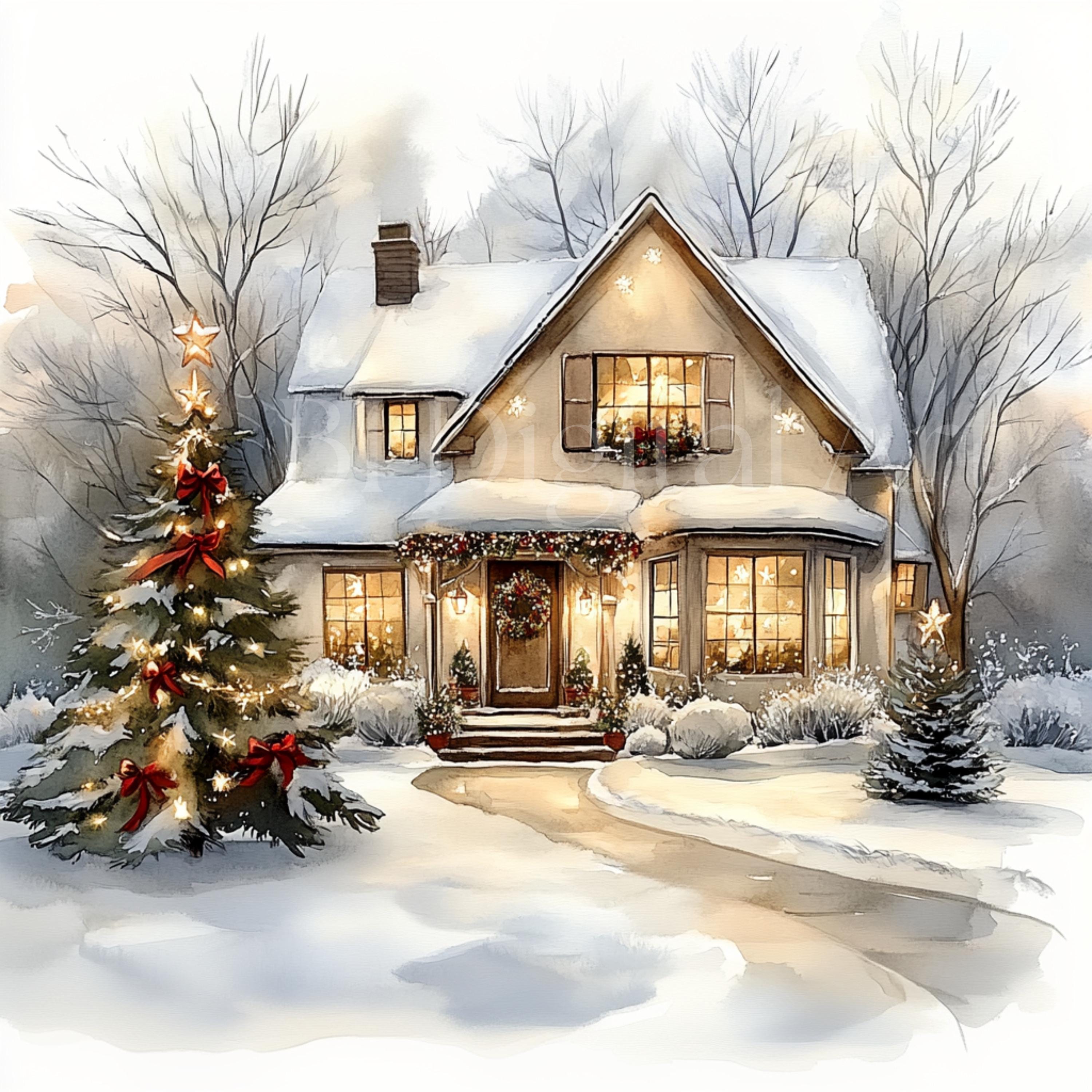 12 Winter House Clipart, Watercolor Winter Homes Clipart, Christmas ...