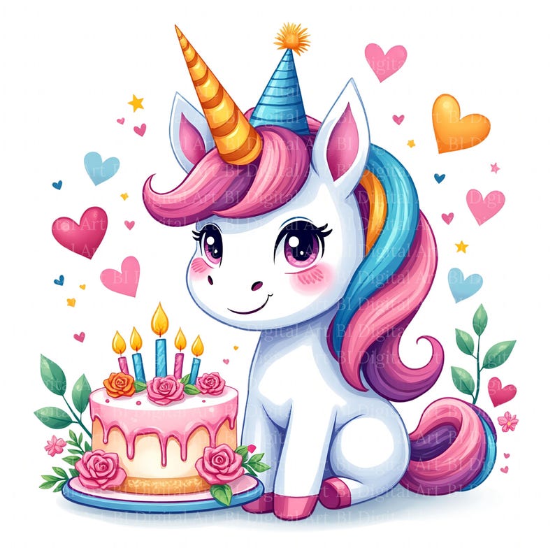 Cute Birthday Unicorn Clipart – Cartoon Party Graphics (digital ...