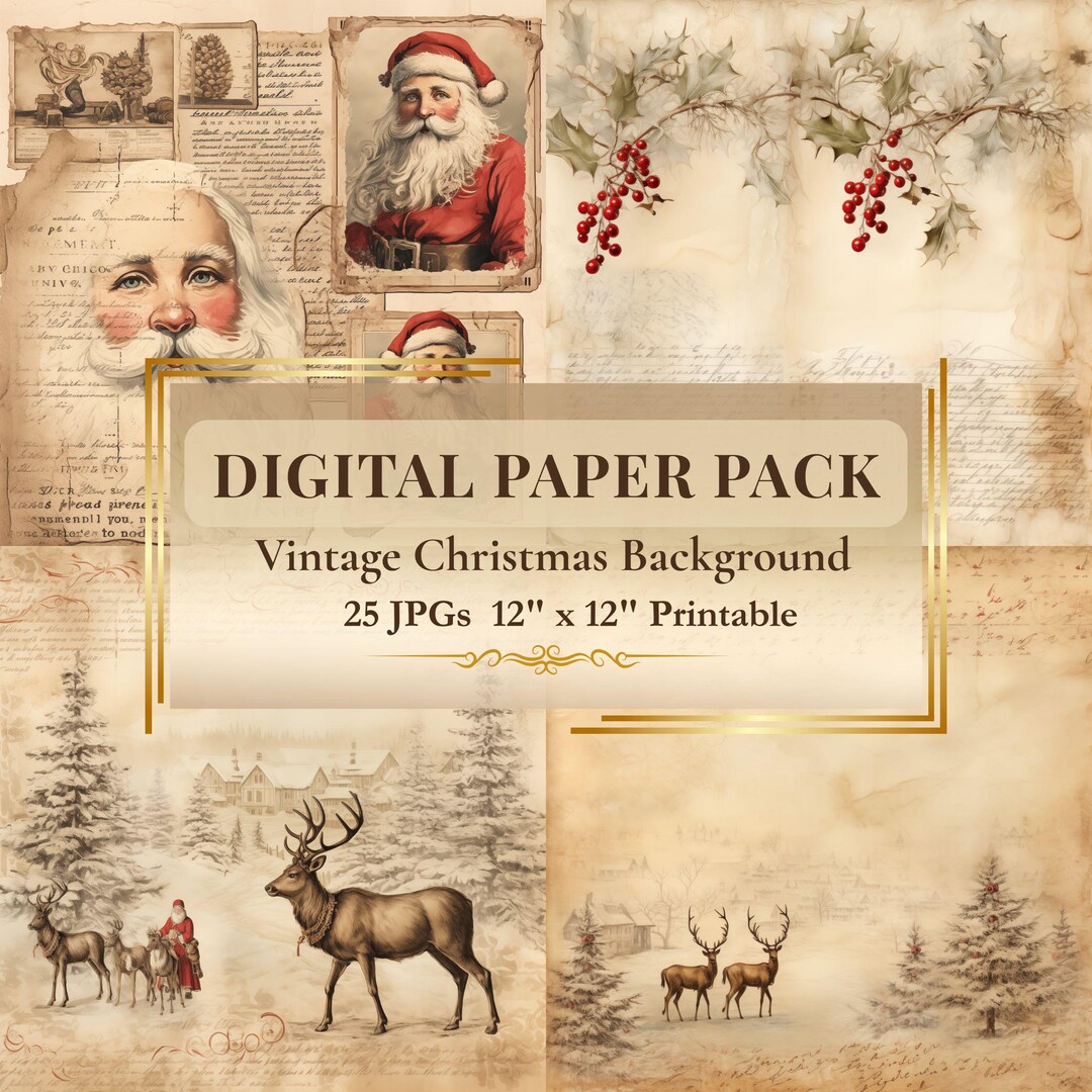 25 Antique Christmas Paper Pack – Vintage Santa, Holly & Reindeer ...
