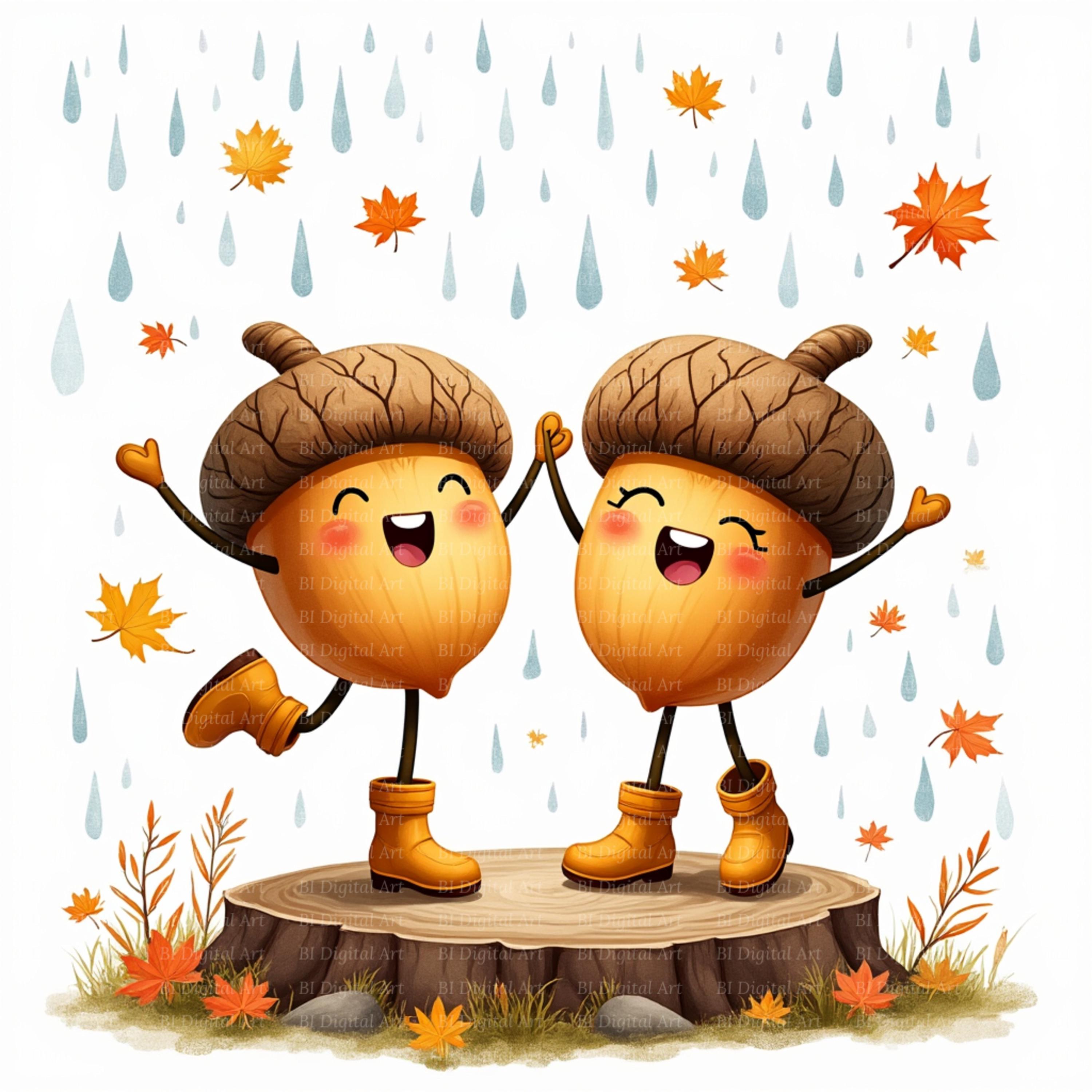 10 Cute Acorns in Rain Cliparts, Cartoon Fall Acorns, Printable Nursery ...