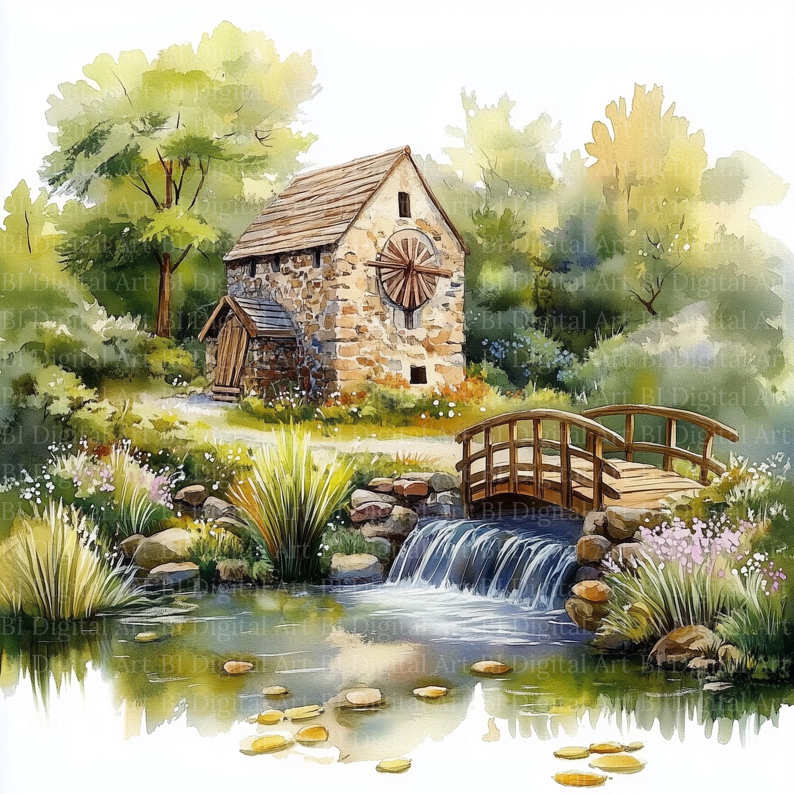 10 Watercolor Watermill Clipart, Landscape & Nature Illustrations ...