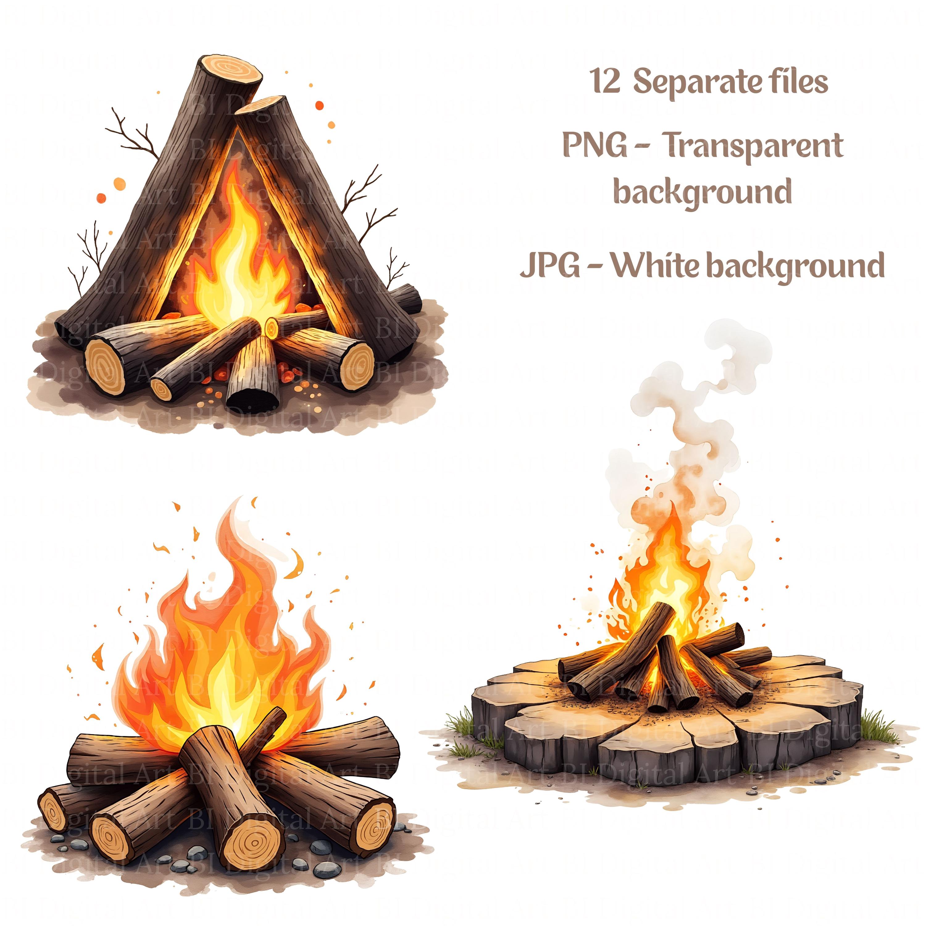 Watercolor Campfire Clipart, Cozy Bonfire, Camping Fire Images (PNG JPG ...