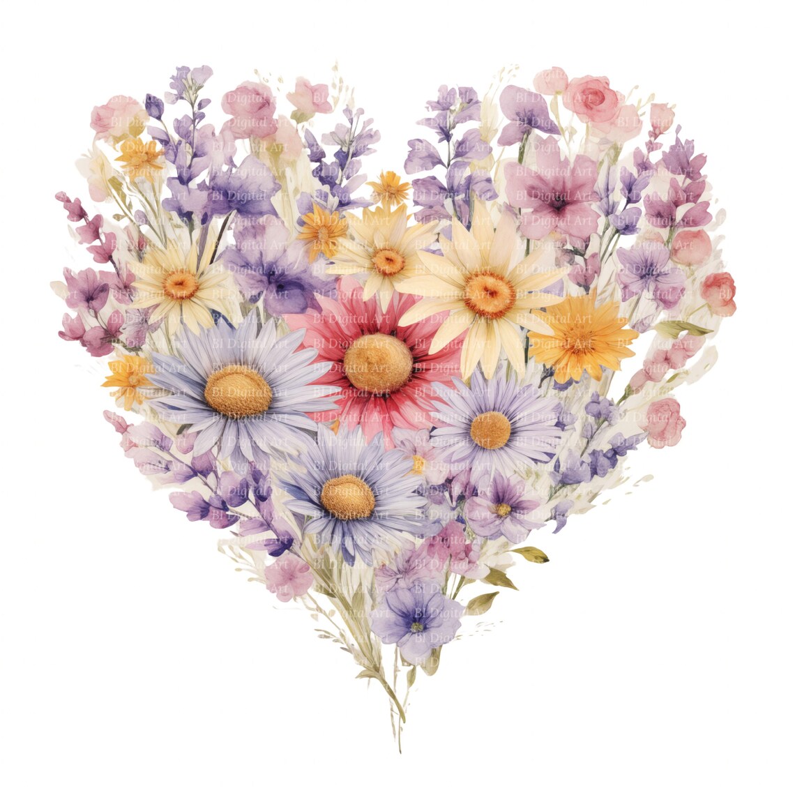 10 Wildflower Heart Cliparts, Watercolor Floral Heart Illustrations ...