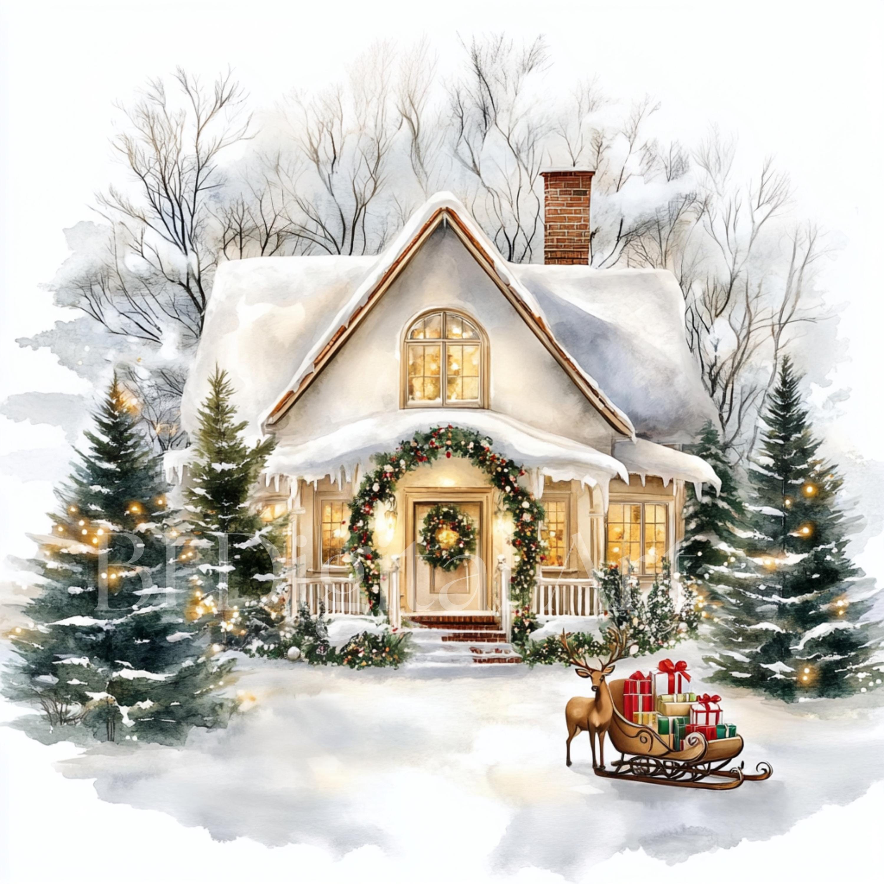 10 Winter House Clipart, Watercolor Winter Homes Clipart, Christmas ...