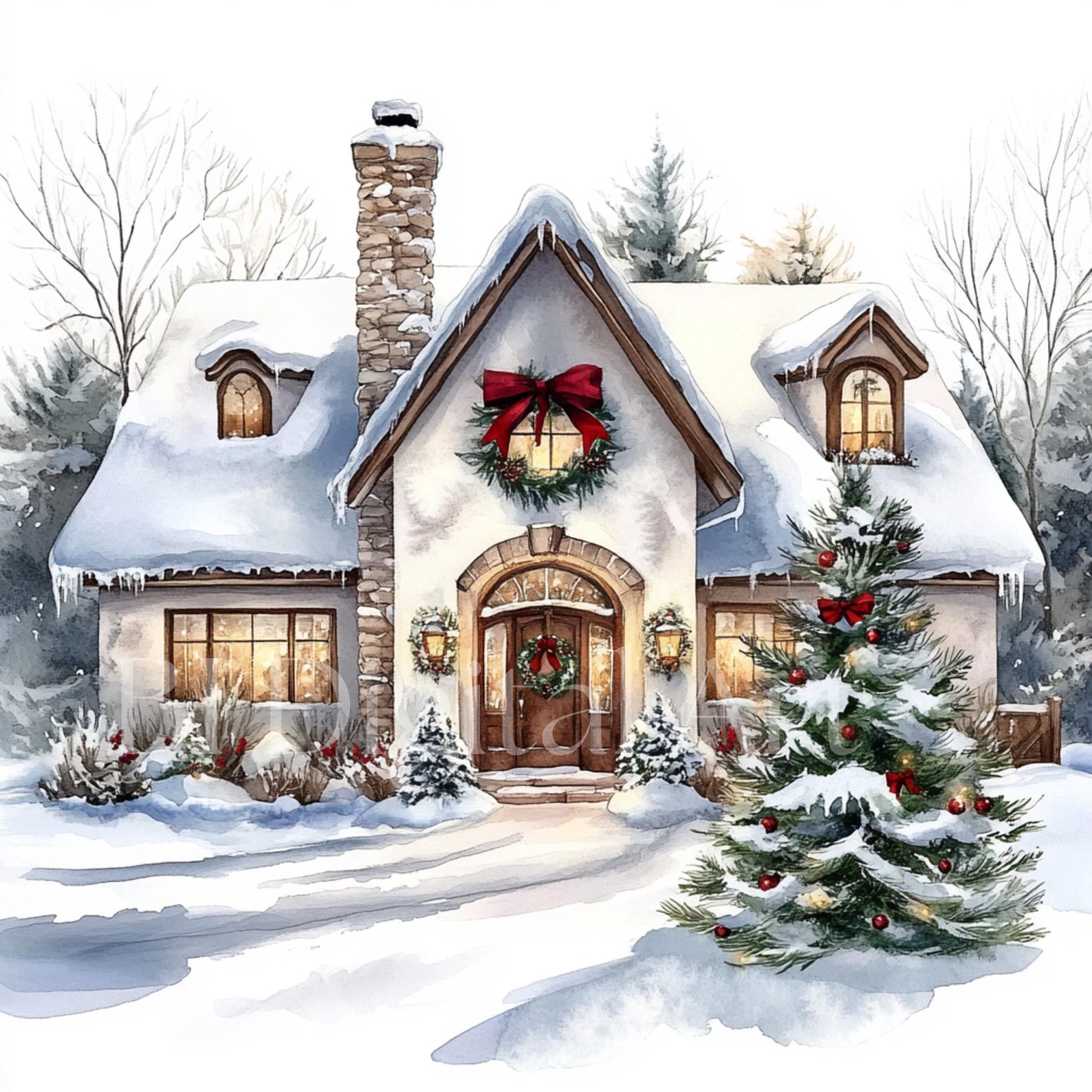 10 Winter House Clipart, Watercolor Winter Homes Clipart, Christmas ...