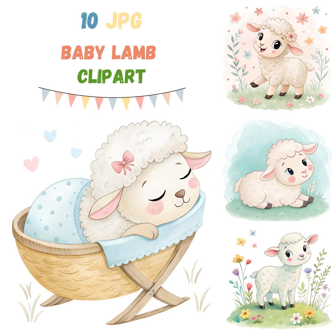 10 Cute Baby Lamb Clipart Bundle, Sheep Clipart, Printable Watercolor ...