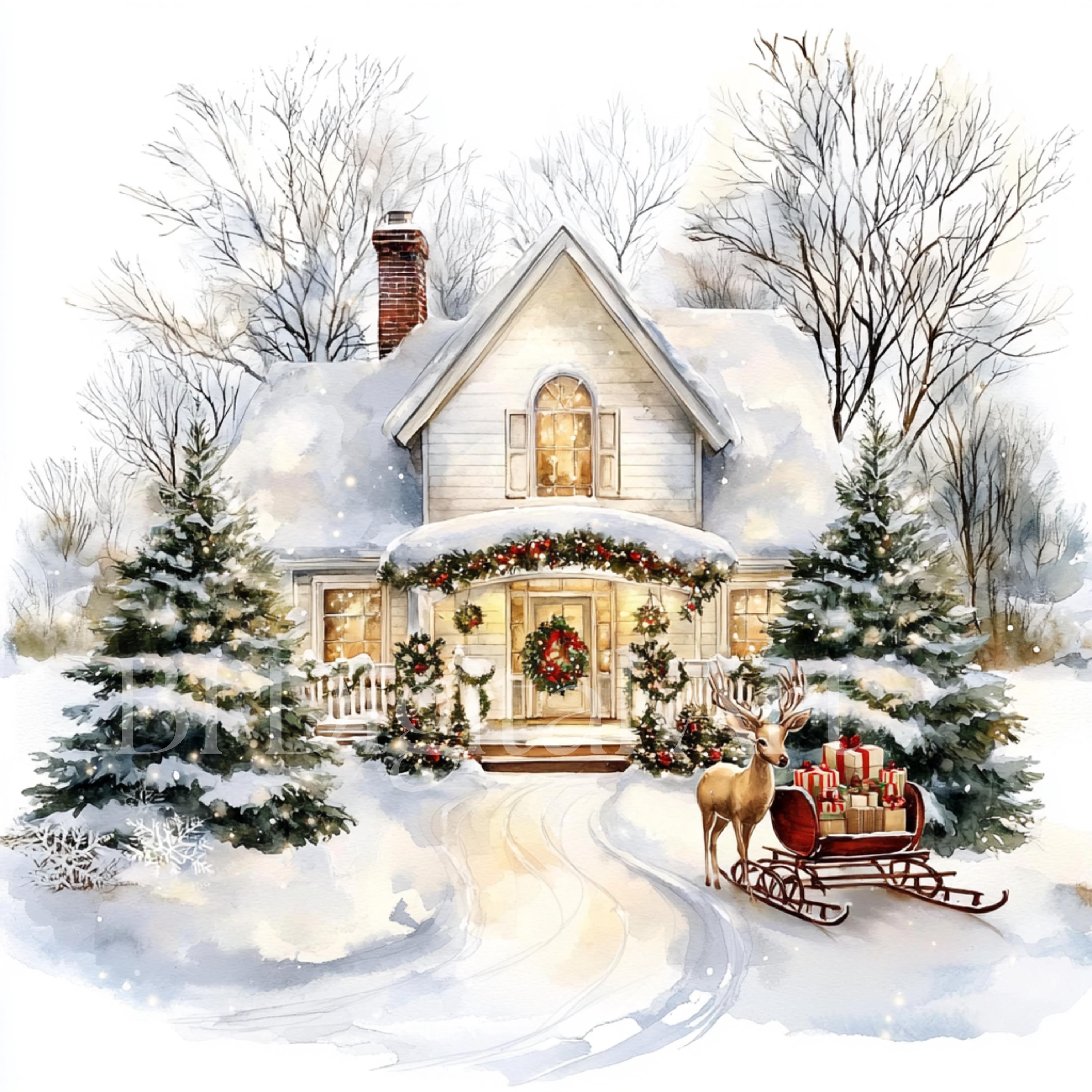 10 Winter House Clipart, Watercolor Winter Homes Clipart, Christmas ...