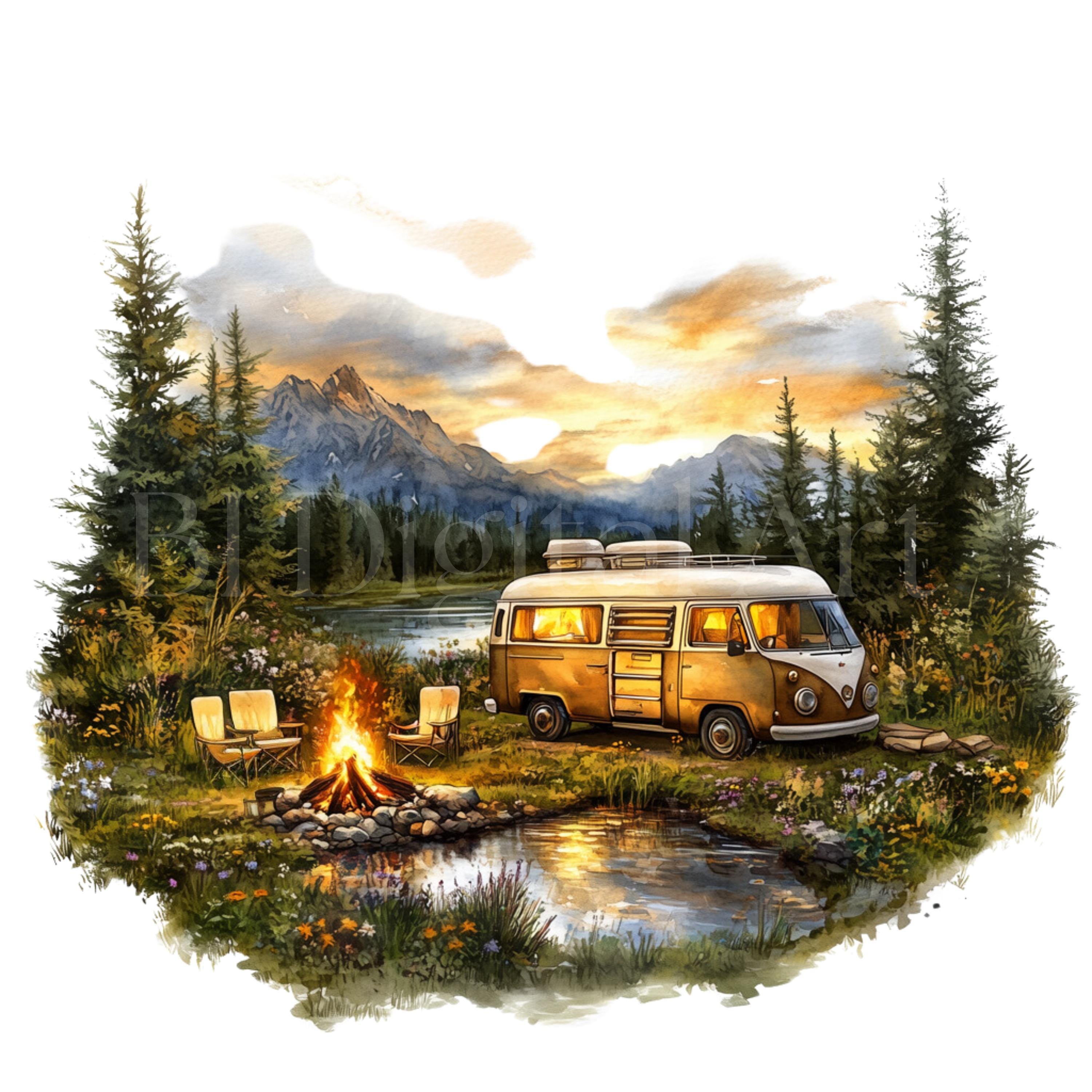 Vintage Camper-van in the Mountains Clipart, Watercolor Retro Camper ...