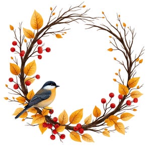 10 Autumn Wreath With Bird Clipart – Fall Leaves, Branches & Red ...