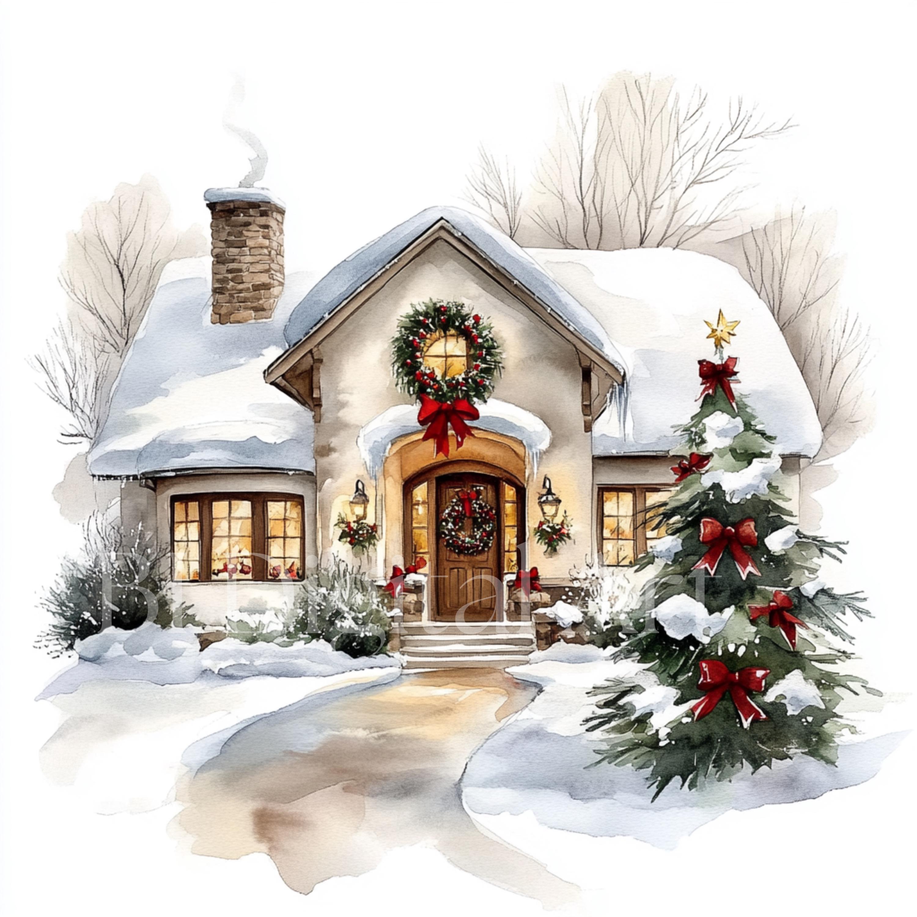 10 Winter House Clipart, Watercolor Winter Homes Clipart, Christmas ...