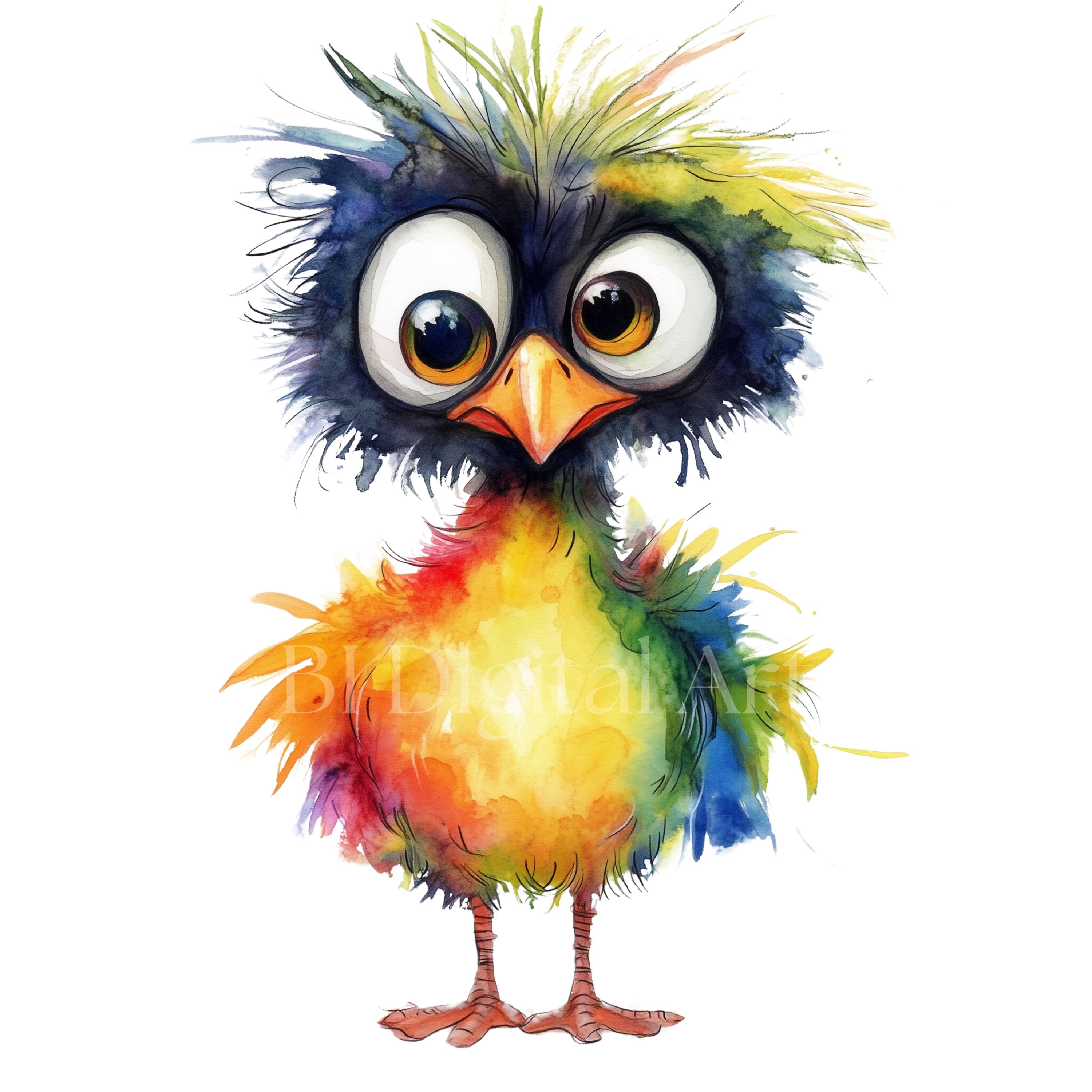 10 Funny Bird Clip Art, Whimsical Bird, Watercolor Images, Transparent ...