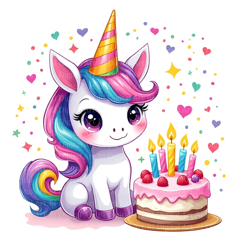 Cute Birthday Unicorn Clipart – Cartoon Party Graphics (digital ...