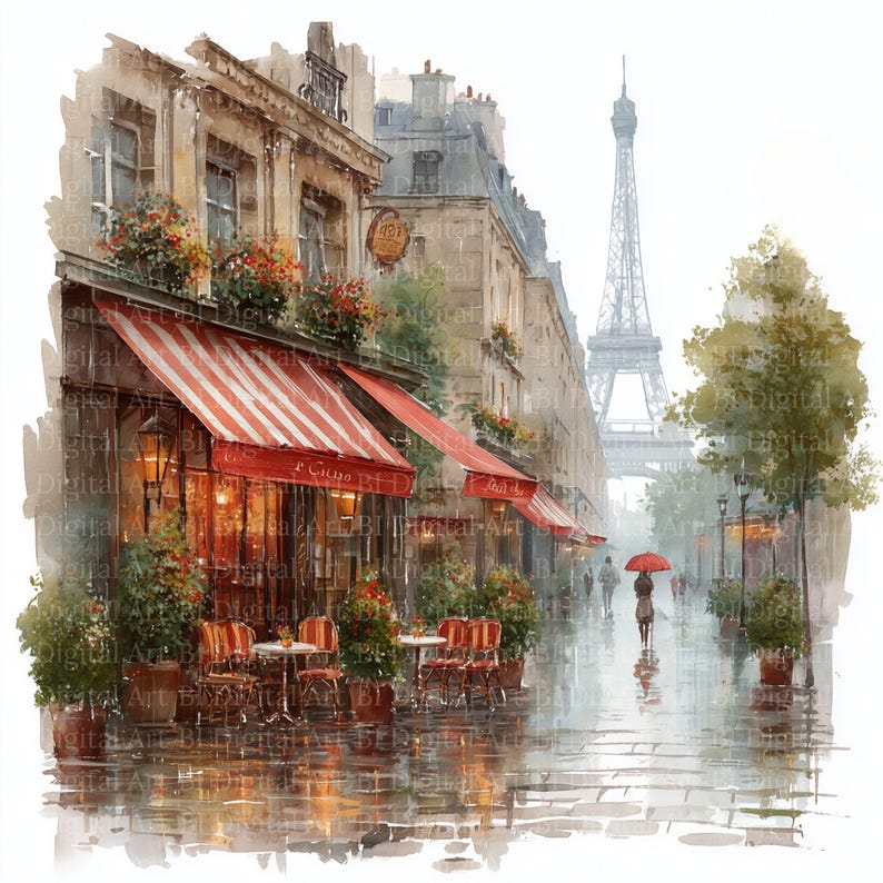 7 Paris Rain Café Cliparts, Eiffel Tower Illustrations, Watercolor ...