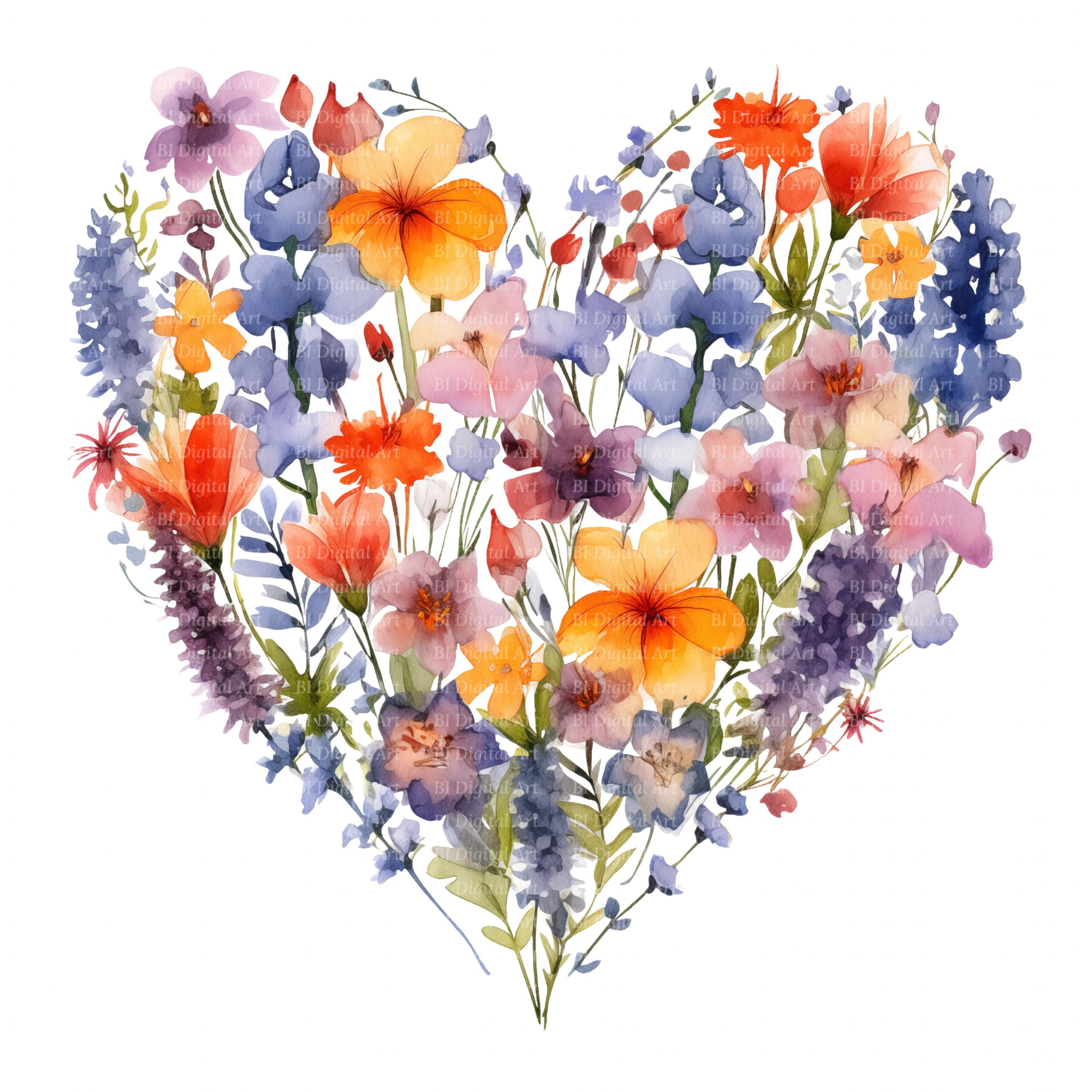 10 Wildflower Heart Cliparts, Watercolor Floral Heart Illustrations ...