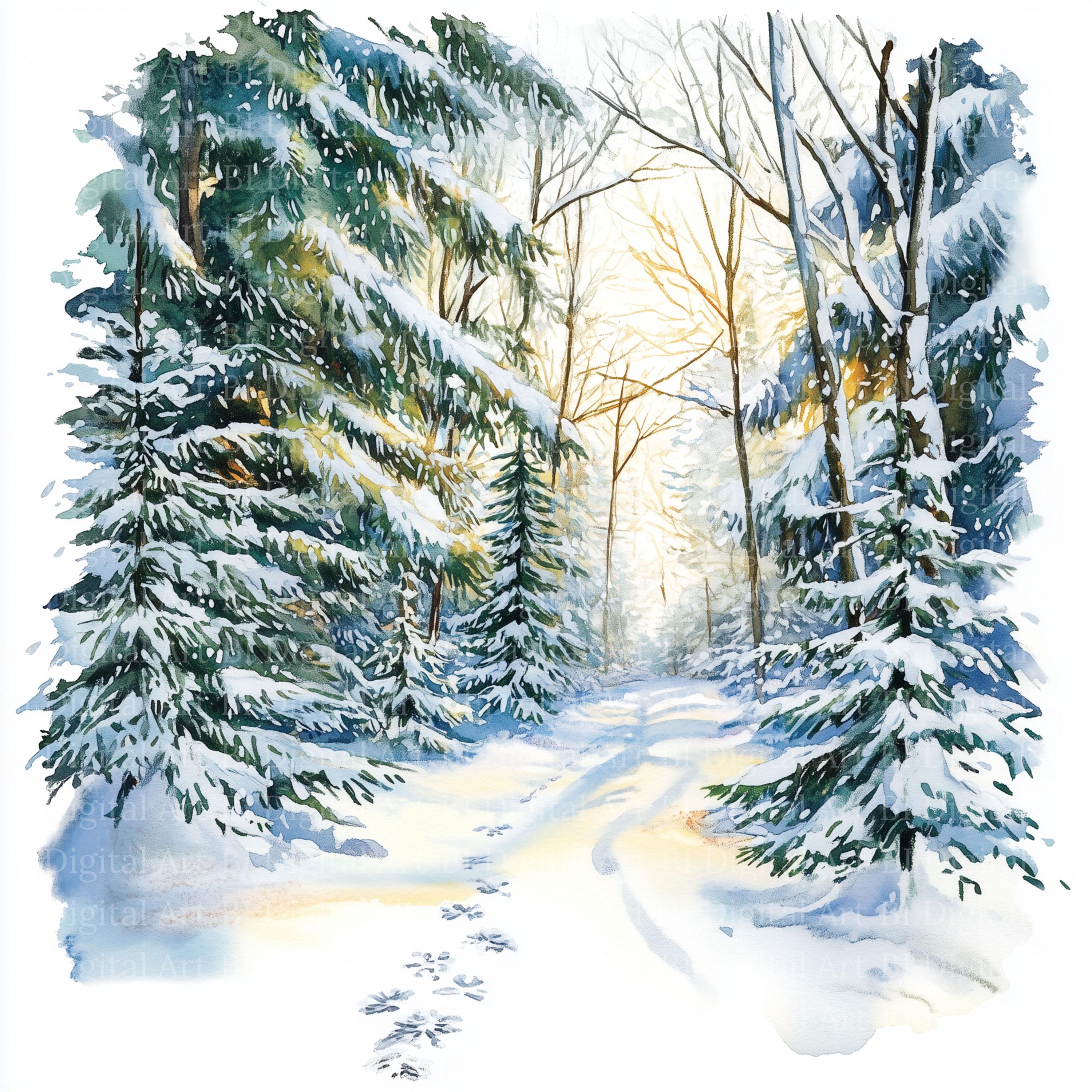 12 Winter Forest Path Cliparts, Watercolor Winter Forest, Snow-covered ...