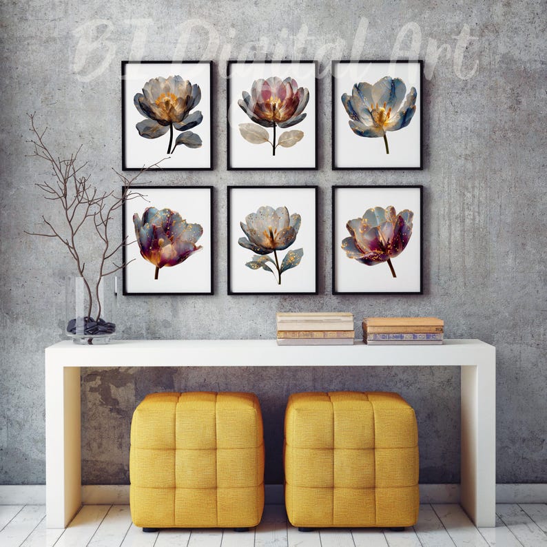Abstract Floral Cliparts, Elegant Botanical Flower Illustrations, Blue ...
