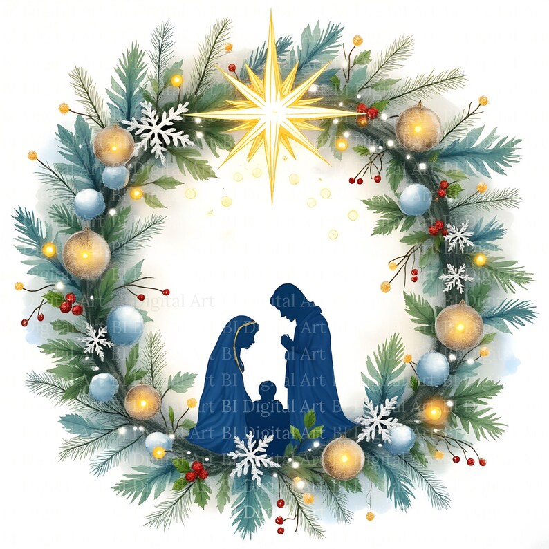 10 Nativity Christmas Wreath Cliparts – Watercolor Illustrations With ...